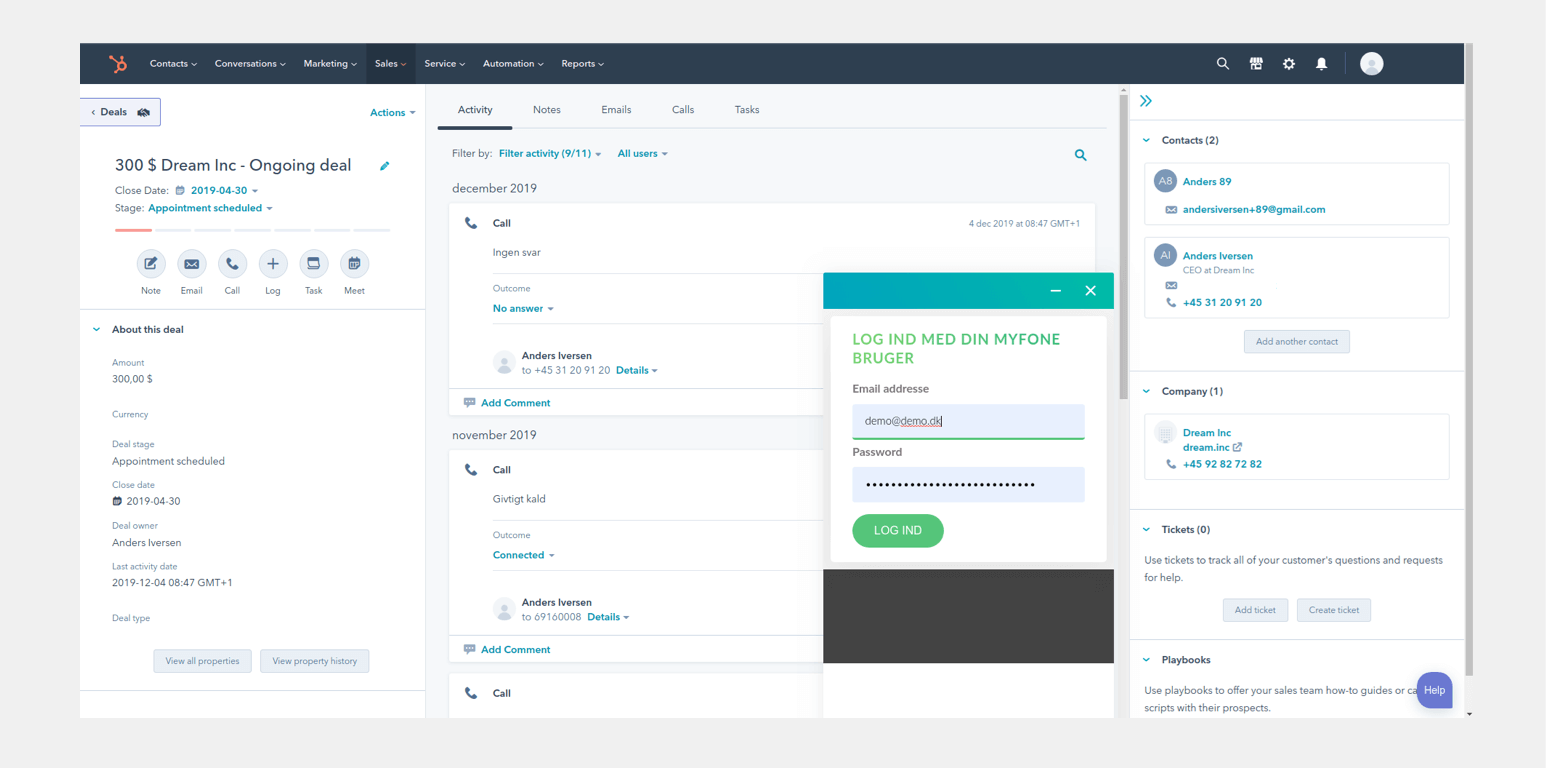 HubSpot Sales Hub er integreret med Flexfone